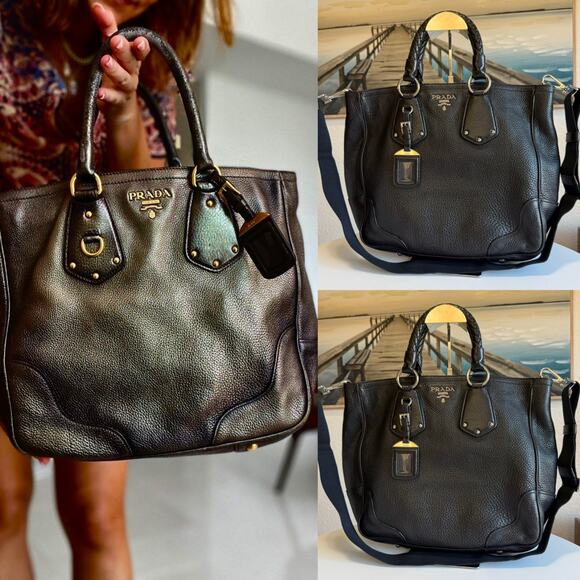 Prada | Bags | Rare 2way Authentic Prada Leather 2 Way Black Tote Bag | Poshmark
